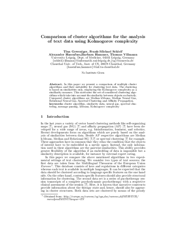 Pdf Comparison Of Cluster Algorithms For The Analysis Of Text Data Using Kolmogorov Complexity 8446