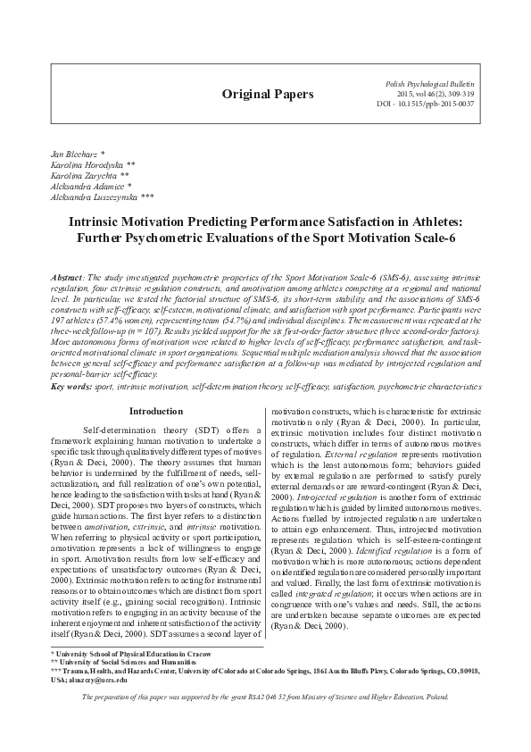 Pdf Intrinsic Motivation Predicting Performance Satisfaction In