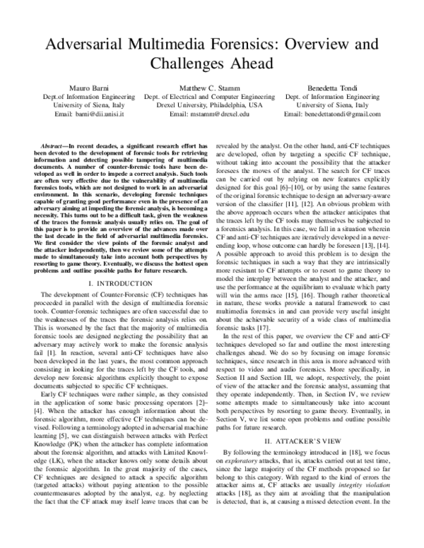 (PDF) Adversarial Multimedia Forensics: Overview and Challenges Ahead