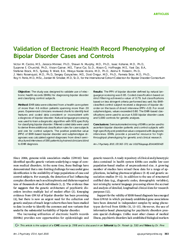 Pdf Validation Of Electronic Health Record Phenotyping Of Bipolar Disorder Cases And Controls