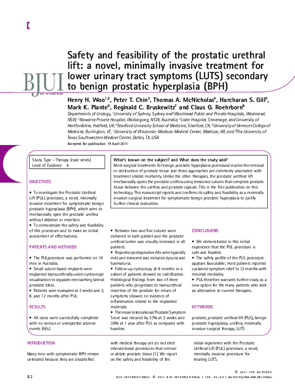 (PDF) Safety and feasibility of the prostatic urethral lift: a novel, minimally invasive ...
