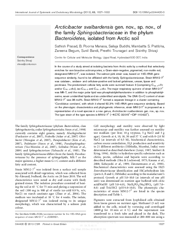 (PDF) Arcticibacter svalbardensis gen. nov., sp nov., of the family ...