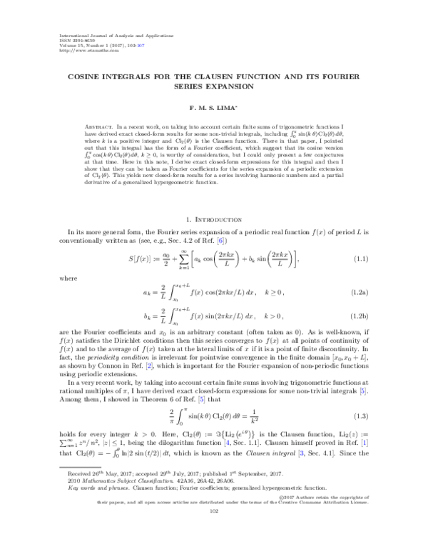 (PDF) Cosine Integrals for the Clausen Function and Its Fourier Series ...