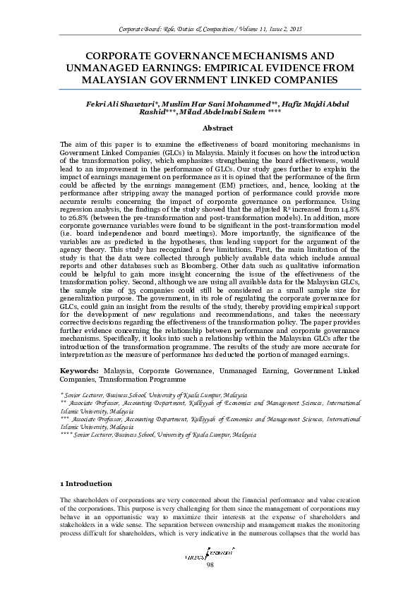 (PDF) Corporate governance mechanisms and unmanaged earnings: evidence from Government Linked ...