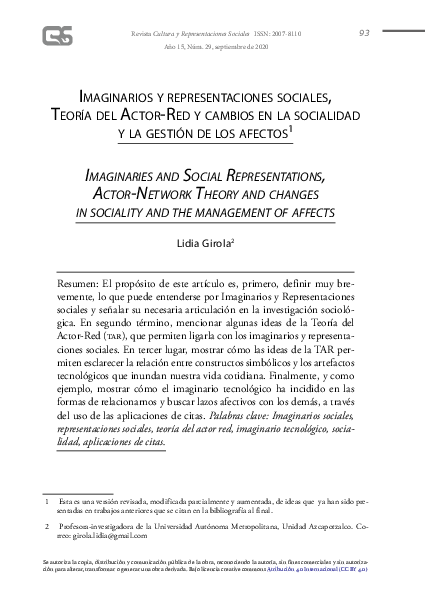 (PDF) Imaginarios y representaciones sociales, Teoría del Actor-Red y cambios en la socialidad y ...
