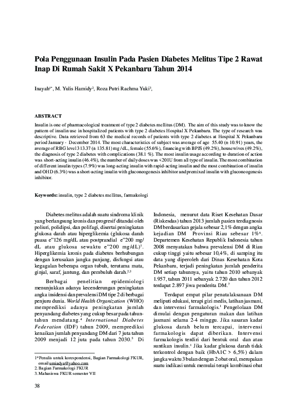 Pdf Pola Penggunaan Insulin Pada Pasien Diabetes Melitus Tipe 2 Studi