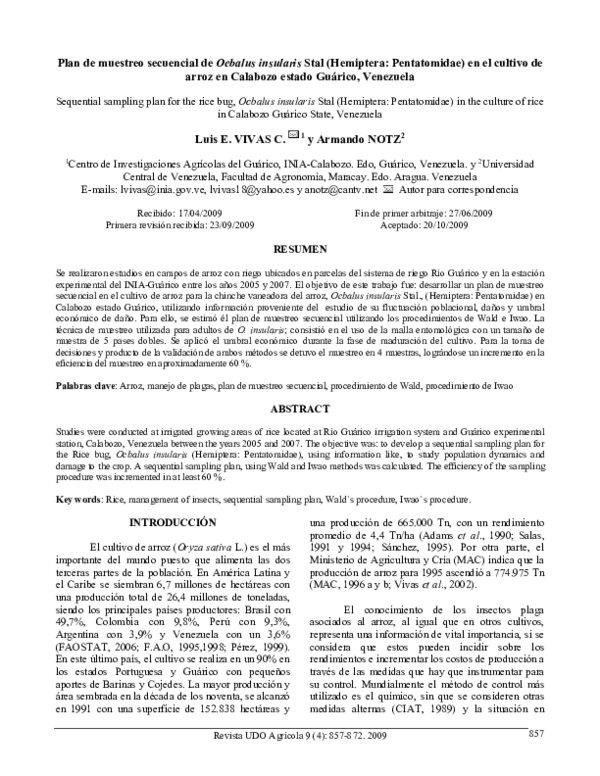 (PDF) Sequential sampling plan for the rice bug, Oebalus insularis Stal ...