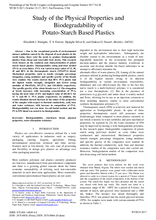 (PDF) Study of the Physical Properties and Biodegradability of Potato-Starch Based Plastics