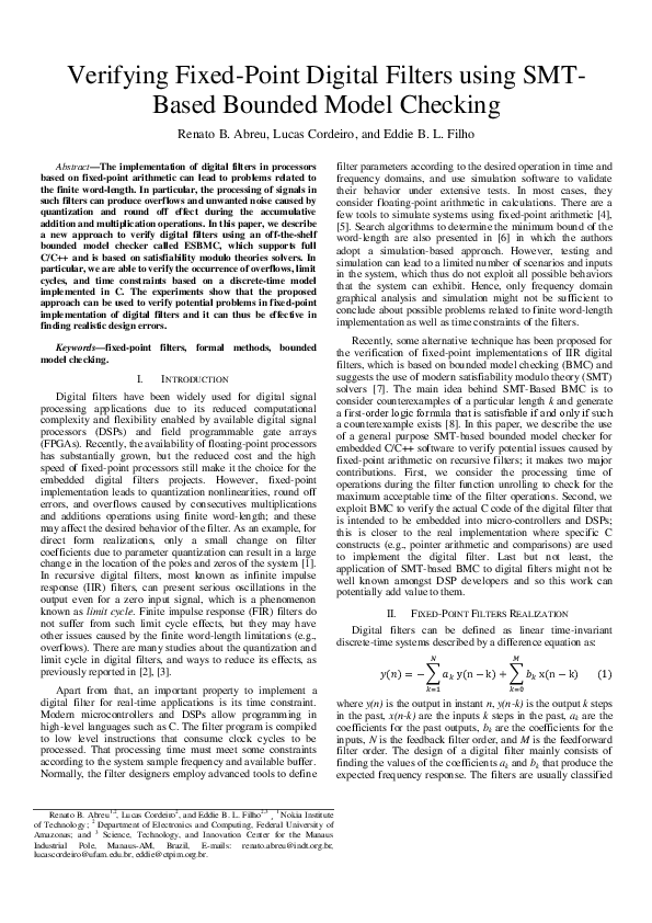 (PDF) Verifying Fixed-Point Digital Filters Using SMT-Based Bounded Model Checking