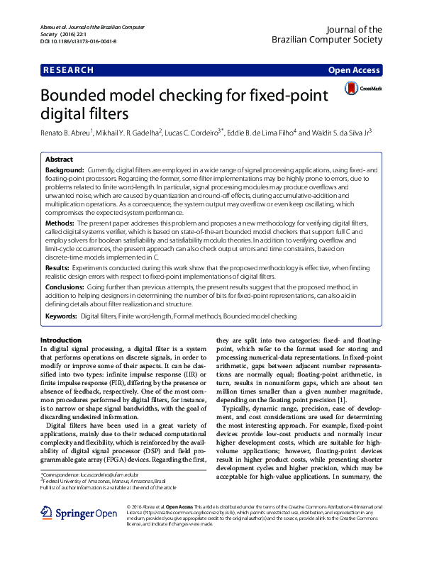 (PDF) Bounded model checking for fixed-point digital filters