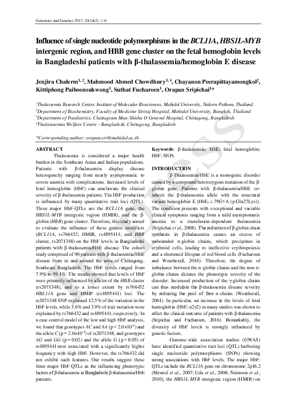 (PDF) Influence of single nucleotide polymorphisms in the BCL11A, HBS1L ...