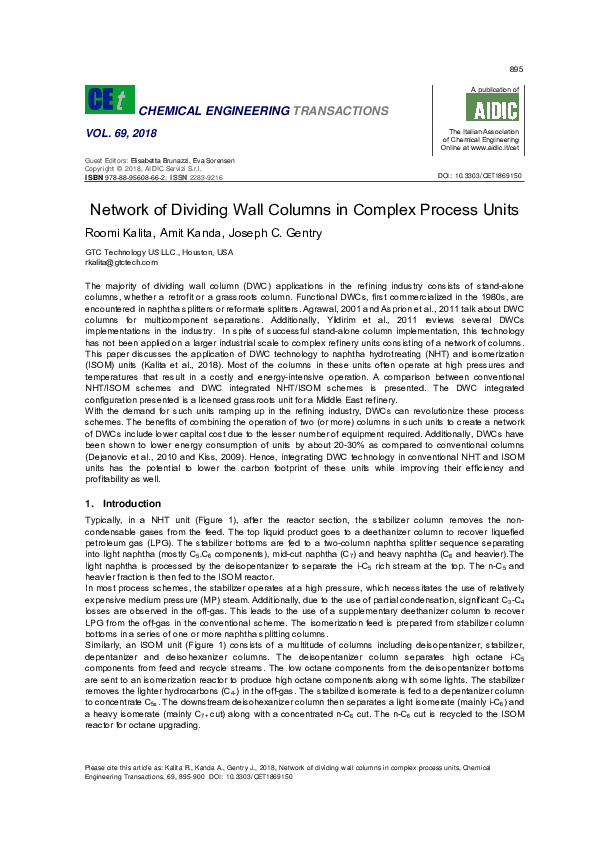 (PDF) Network of Dividing Wall Columns in Complex Process Units