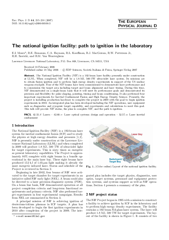 (PDF) The national ignition facility: path to ignition in the laboratory