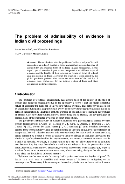 (PDF) The problem of admissibility of evidence in Indian civil proceedings