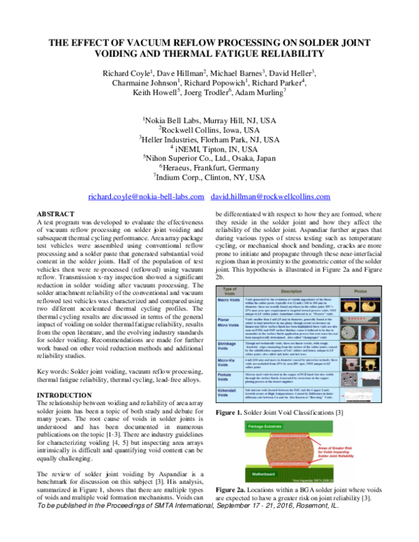 (PDF) The Effect of Vacuum Reflow Processing on Solder Joint Voiding and Thermal Fatigue Reliability