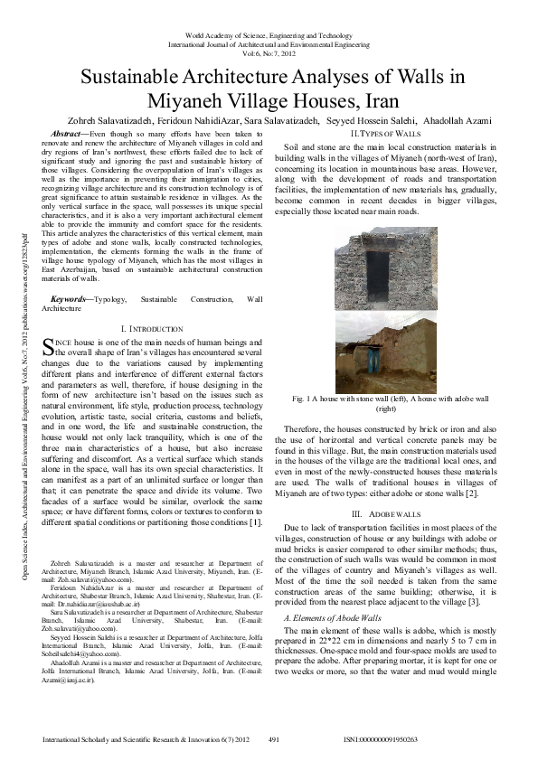 (PDF) Sustainable Architecture Analyses of Walls in Miyaneh Village ...