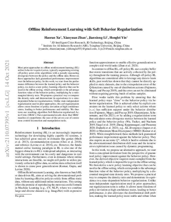 (PDF) Offline Reinforcement Learning with Soft Behavior Regularization
