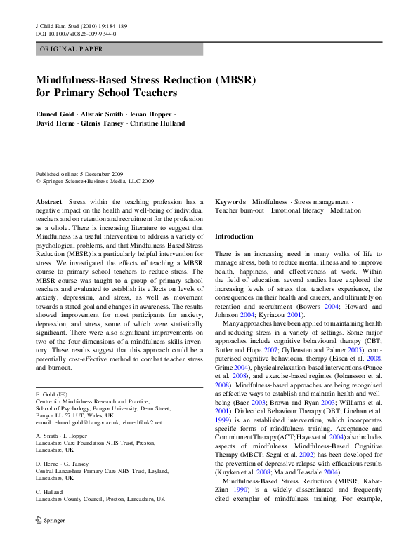 (PDF) Mindfulness-based stress reduction (MBSR) for primary school teachers
