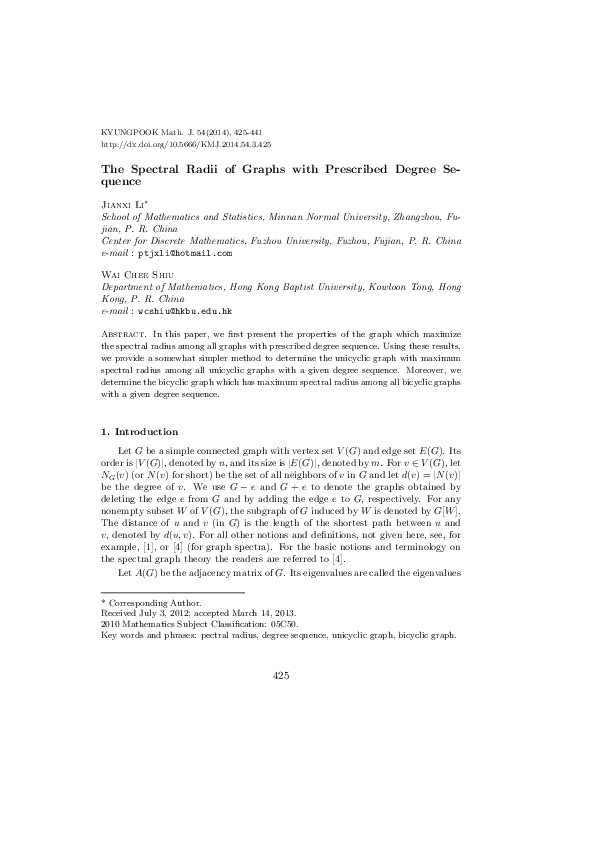 (PDF) The Spectral Radii of Graphs with Prescribed Degree Sequence