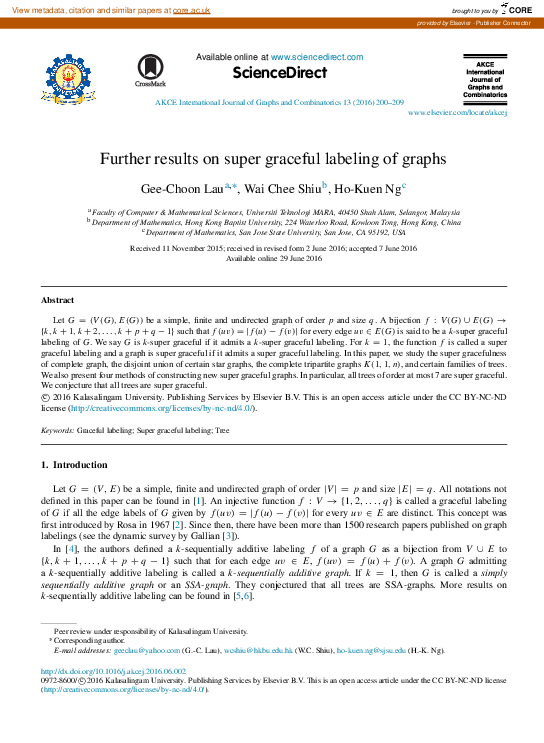(PDF) Further results on super graceful labeling of graphs