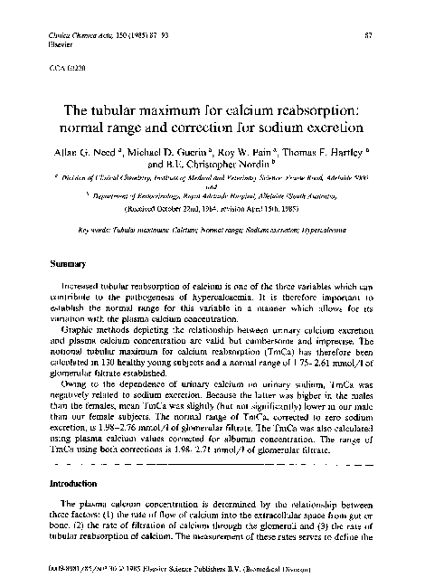 (PDF) The tubular maximum for calcium reabsorption: Normal range and ...
