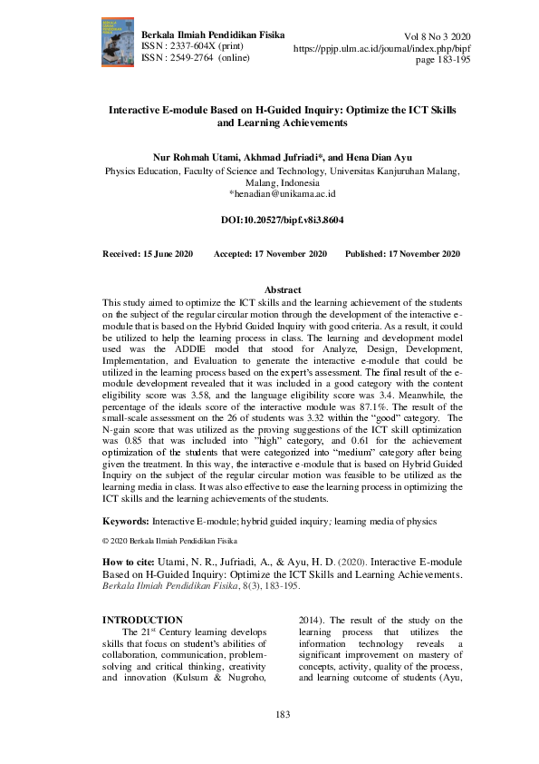 Pdf Interactive E Module Based On H Guided Inquiry Optimize The Ict