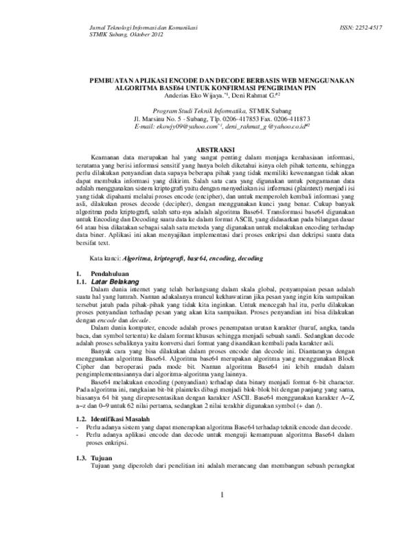 (PDF) Pembuatan Aplikasi Encode dan Decode Berbasis Web Menggunakan Algoritma Base64 untuk ...