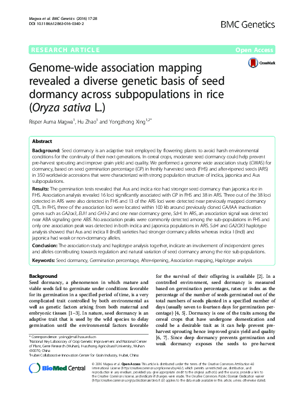 (PDF) Genome-wide association mapping revealed a diverse genetic basis of seed dormancy across ...