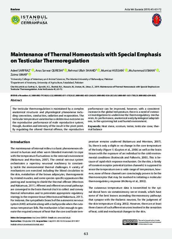 (PDF) Maintenance of Thermal Homeostasis with Special Emphasis on ...