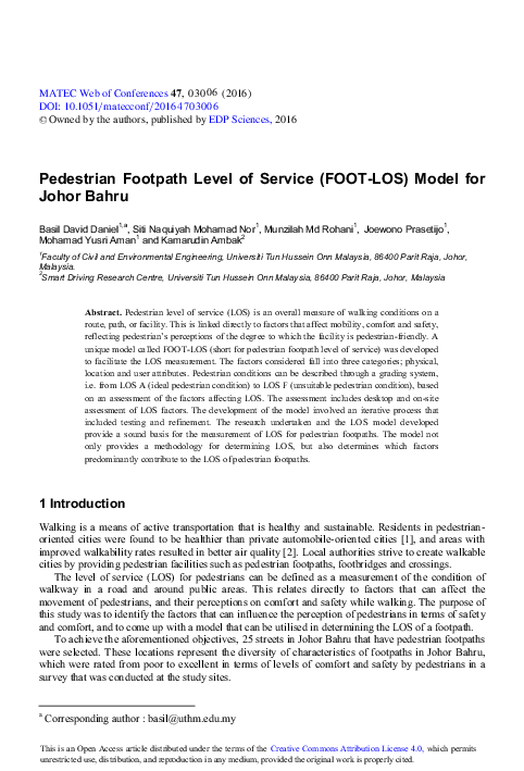 (PDF) Pedestrian Footpath Level of Service (FOOT-LOS) Model for Johor Bahru