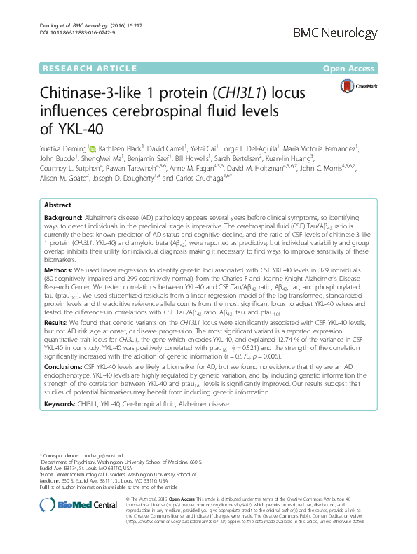 (PDF) Chitinase-3-like 1 protein (CHI3L1) locus influences cerebrospinal fluid levels of YKL-40