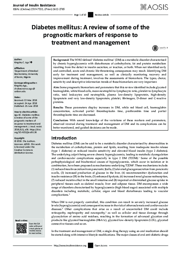 (PDF) Diabetes mellitus: A review of some of the prognostic markers of ...