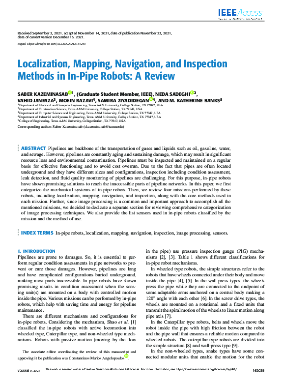 Pdf Localization Mapping Navigation And Inspection Methods In In Pipe Robots A Review