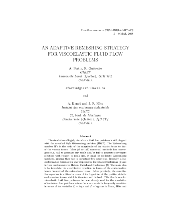 (PDF) An adaptive remeshing strategy for viscoelastic fluid flow simulations | Robert Guénette ...