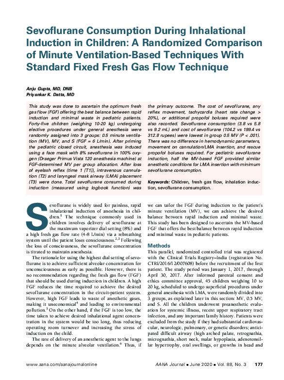 (PDF) Sevoflurane Consumption During Inhalational Induction in Children ...