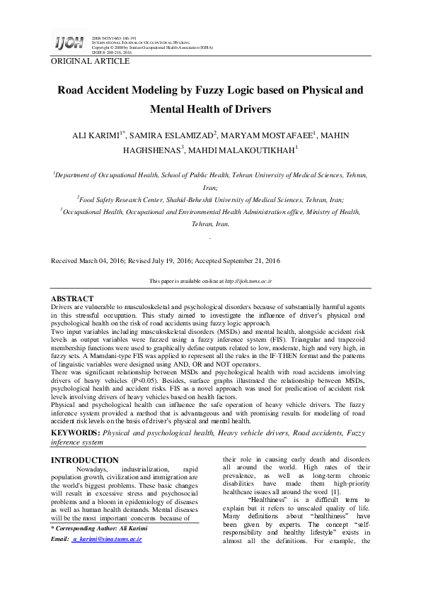 (PDF) Road Accident Modeling by Fuzzy Logic based on Physical and Mental Health of Drivers