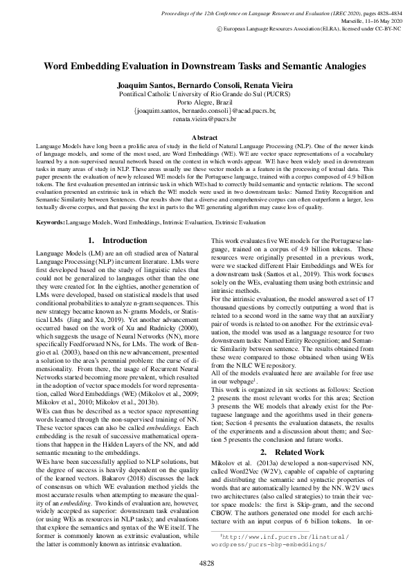 (PDF) Word Embedding Evaluation in Downstream Tasks and Semantic Analogies