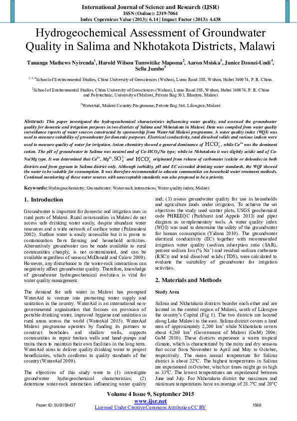 (PDF) Hydrogeochemical Assessment of Groundwater Quality in Salima and Nkhotakota Districts, Malawi