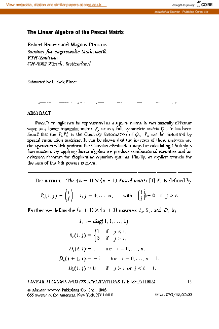 (PDF) The linear algebra of the Pascal matrix