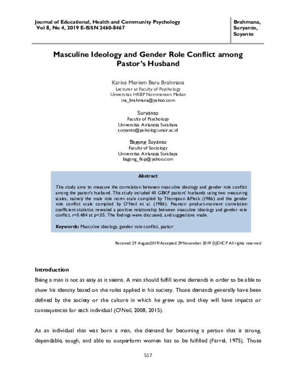 (PDF) Masculine Ideology and Gender Role Conflict among Pastor’s Husband