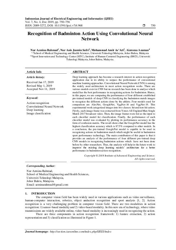 (PDF) Recognition of Badminton Action Using Convolutional Neural Network