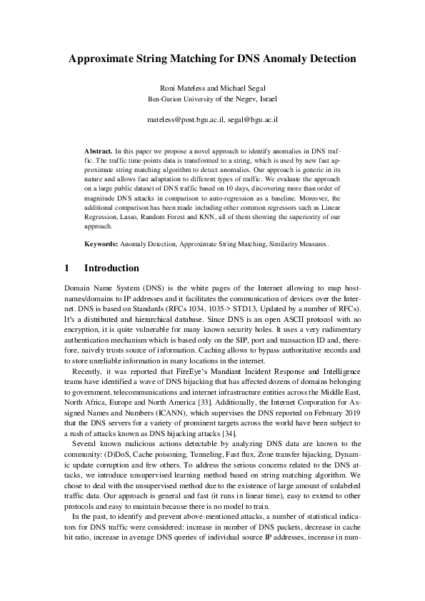 (PDF) Approximate String Matching for DNS Anomaly Detection