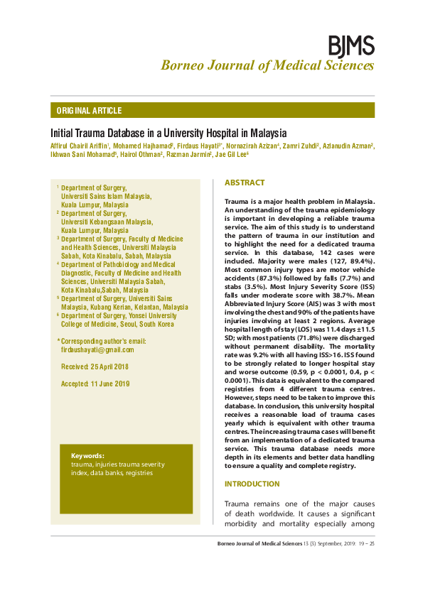 (PDF) Initial Trauma Database in a University Hospital in Malaysia