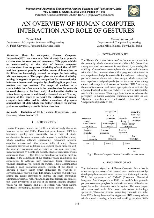 (PDF) An Overview of Human Computer Interaction and Role of Gestures