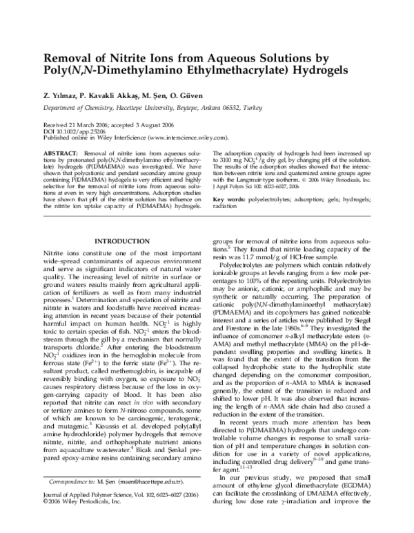 (PDF) Removal of nitrite ions from aqueous solutions by poly(N,N ...