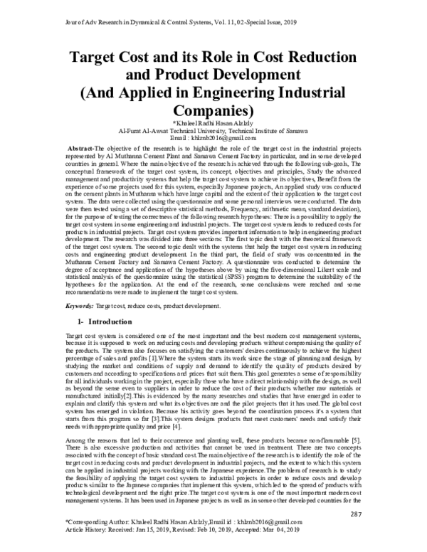 (PDF) Target Cost and its Role in Cost Reduction and Product ...