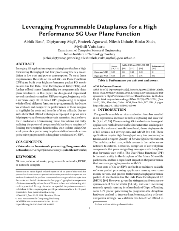 (PDF) Leveraging Programmable Dataplanes for a High Performance 5G User Plane Function
