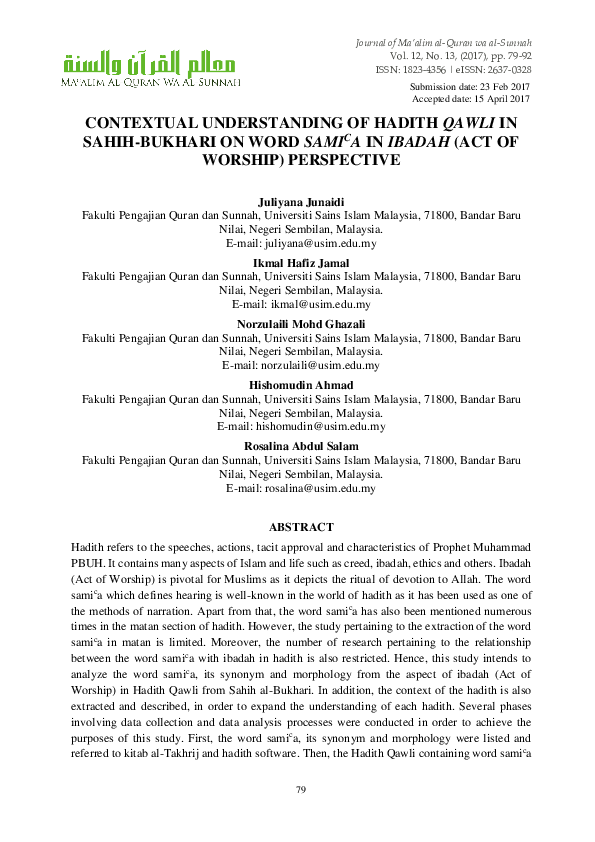 (PDF) Contextual Understanding of Hadith Qawli in Sahih-Bukhari on Word ...