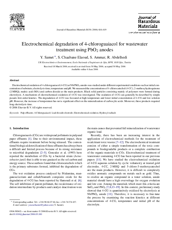 (PDF) Electrochemical degradation of 4-chloroguaiacol for wastewater ...