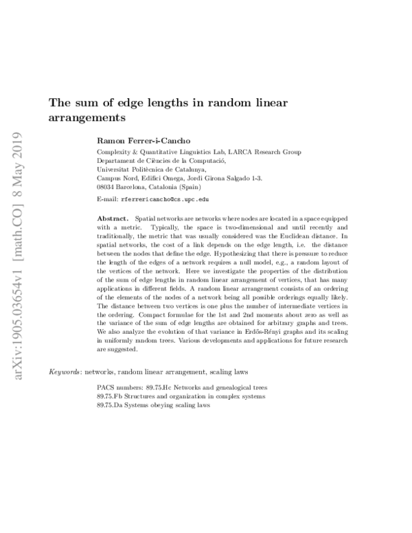 Pdf The Sum Of Edge Lengths In Random Linear Arrangements
